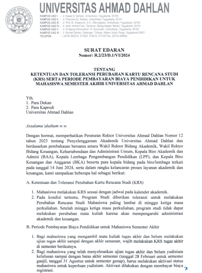 Surat Edaran Toleransi Perubahan Kartu Rencana Studi (KRS) Serta Periode Pembayaran Biaya ...
