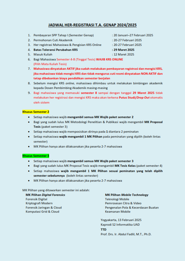 Jadwal Her Registrasi S2 Informatika UAD Semester Genap 2024/2025 - MTI UAD